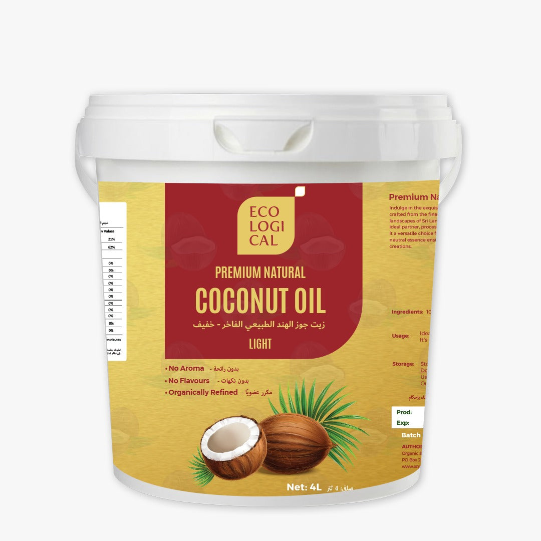 ECOLOGICAL Premium Natural Light Coconut Oil - 4L Tub | Mild, Flavourl